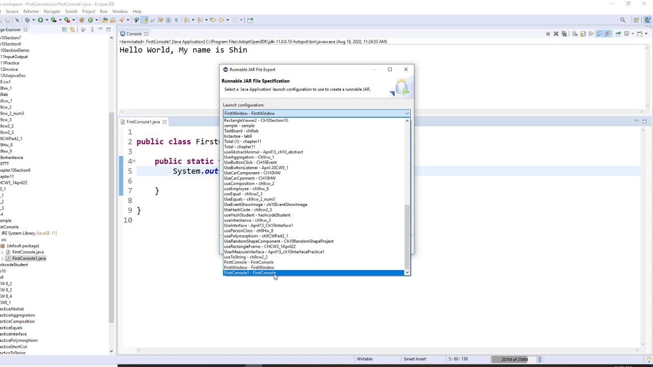 First Java Console program Hello World, crate a jar file and run the jar file