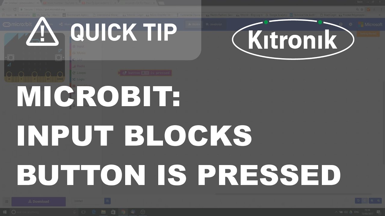 microbit MakeCode Editor - Input Blocks - Button Is Pressed - Kitronik