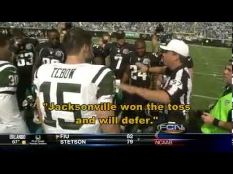 Tim Tebow pre-game coin toss captain fail (New York Jets vs. Jacksonville Jaguars)