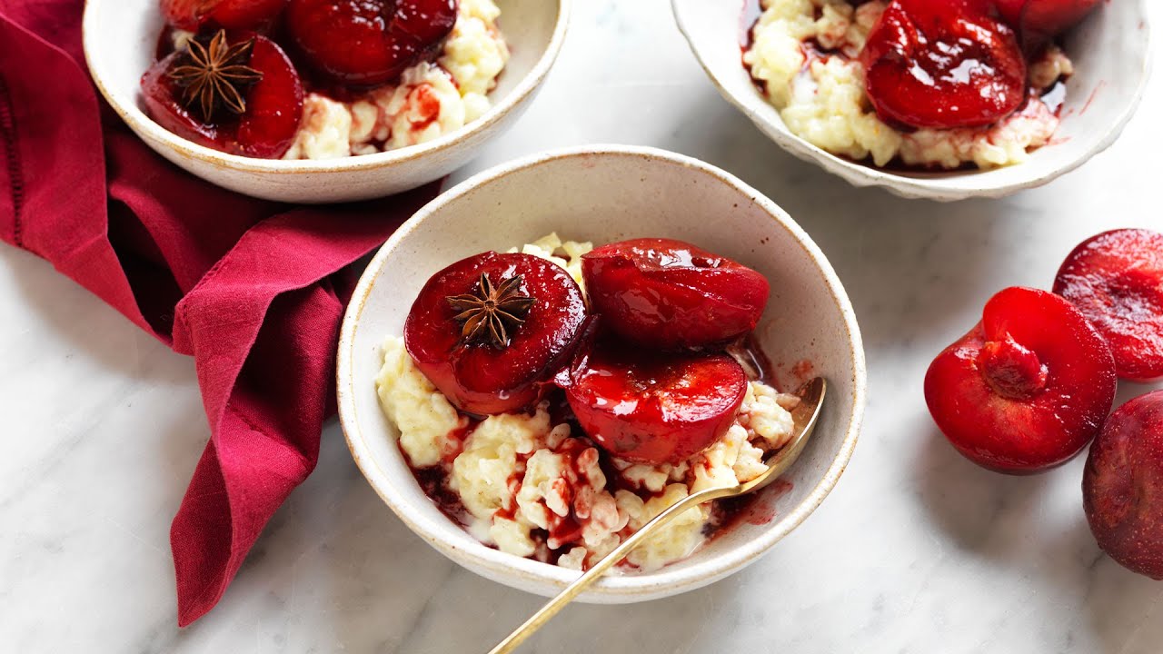 Roasted Plums with Creamy Rice Pudding Recipe | myfoodbook