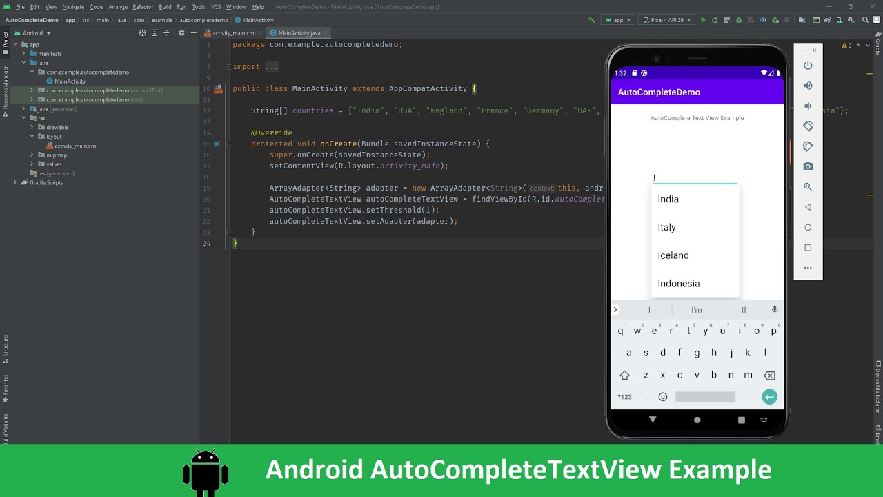 Android AutoCompleteTextView Example | Android Studio
