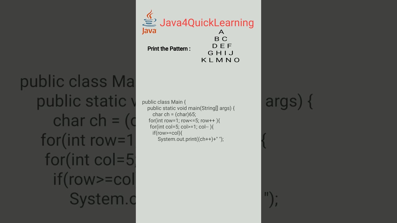 Triangle Alphabet Pattern Question in java || Interview Questions #Java4QuickLearning