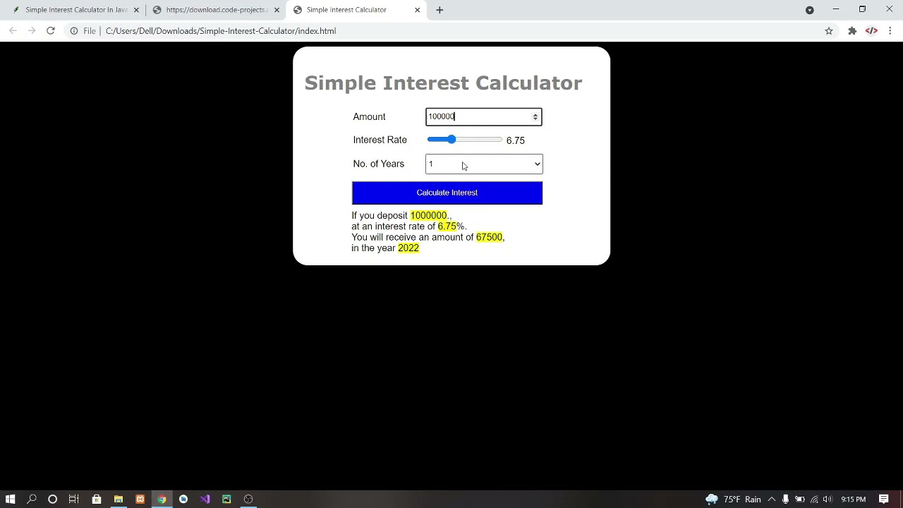 Simple Interest Calculator In JavaScript With Source Code | Source Code & Projects