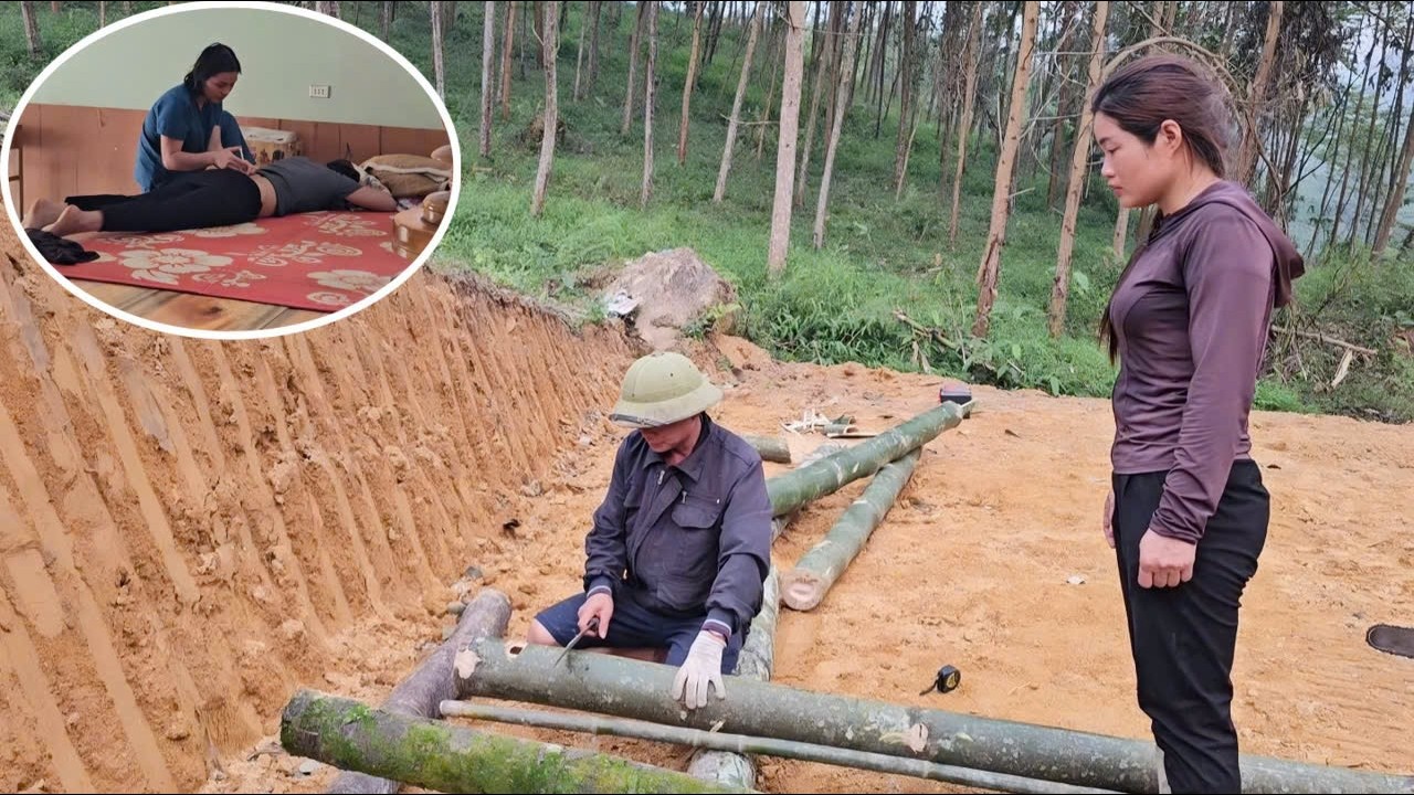 The carpenter came to help Hong prepare the house frame. Hong had a backache.