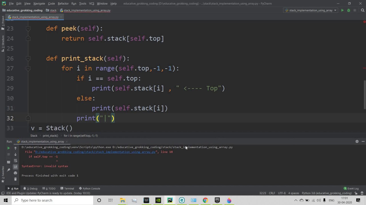 Array implementation of stack using python