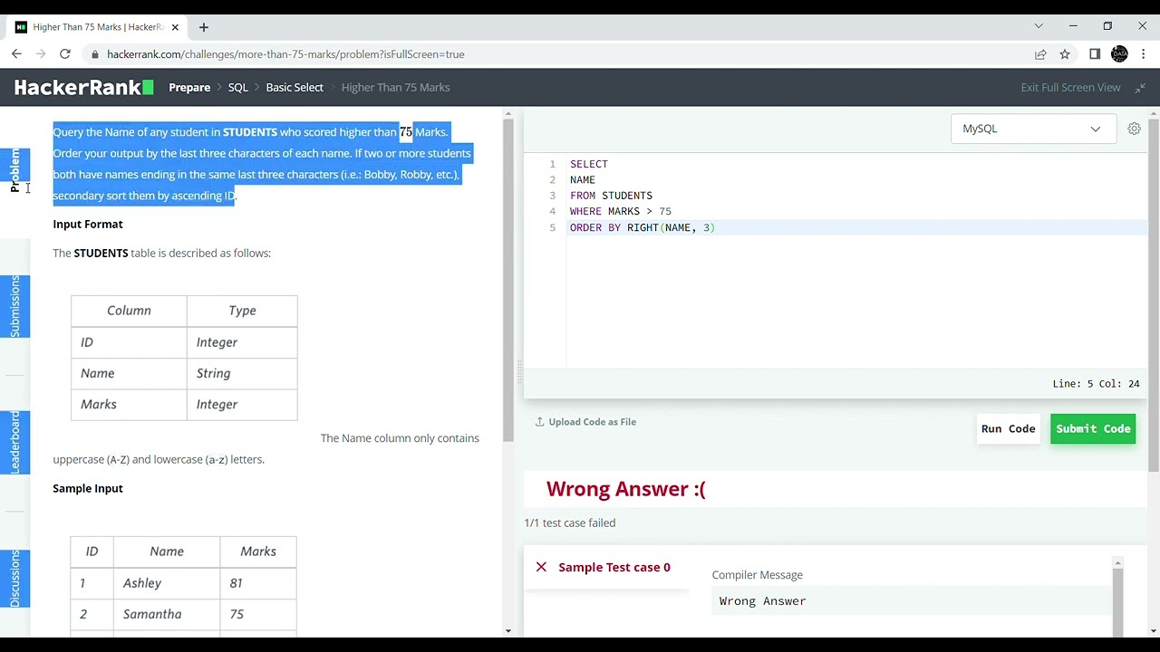 HackerRank SQL || Higher Than 75 Marks || SQL Learning