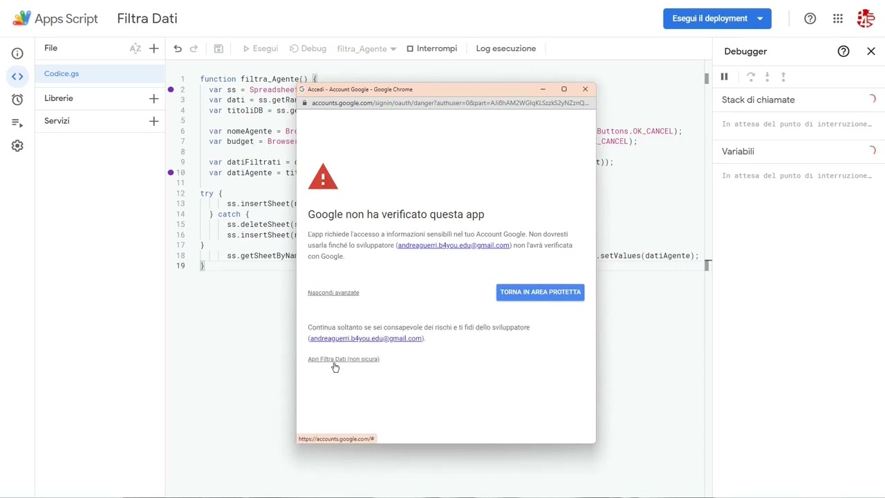 Google App Script - Save, Debugging and Authorization Script