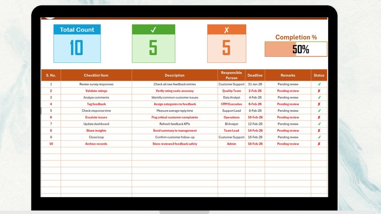 Customer Feedback Evaluation Checklist in Excel