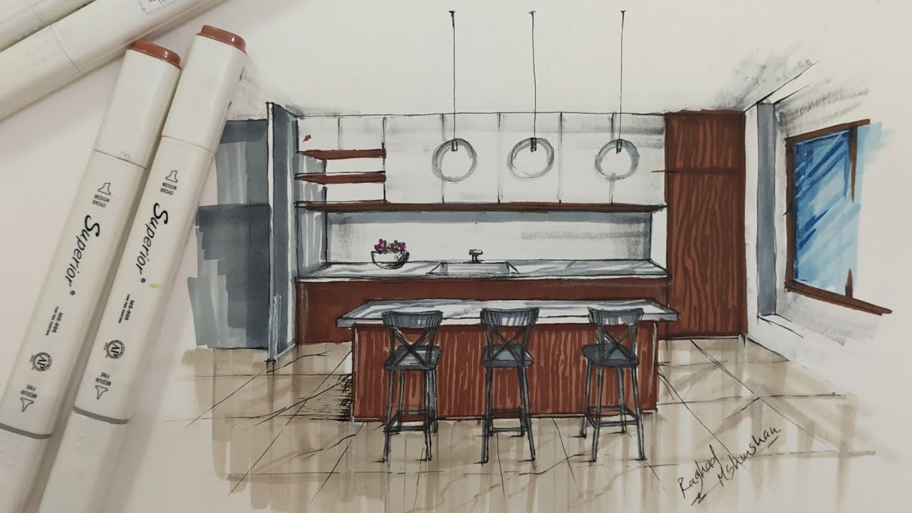 Hand Rendering Interior Reception Kitchen tutorial