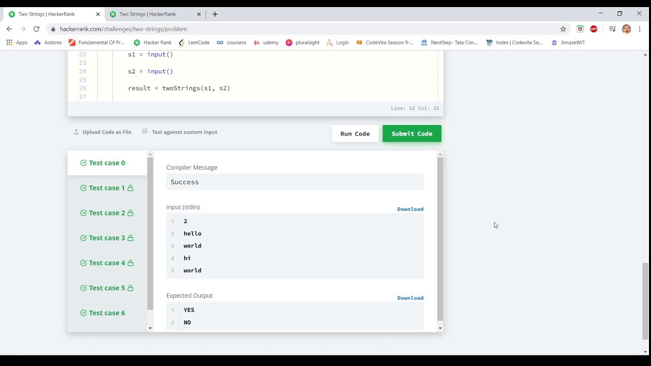 Two Strings Problem in HackerRank || Coding in LockDown
