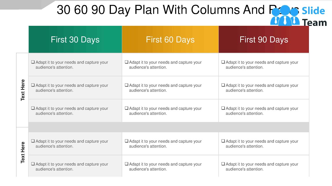 30 60 90 Day Plan With Columns And Rows Sample Of Ppt