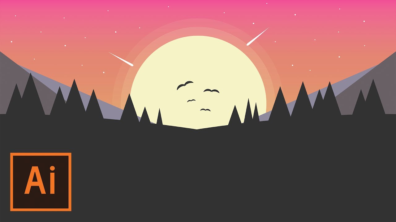 Illustrator Tutorial - Simple Sunset Landscape Flat Design (Illustrator Flat Design Tutorial)