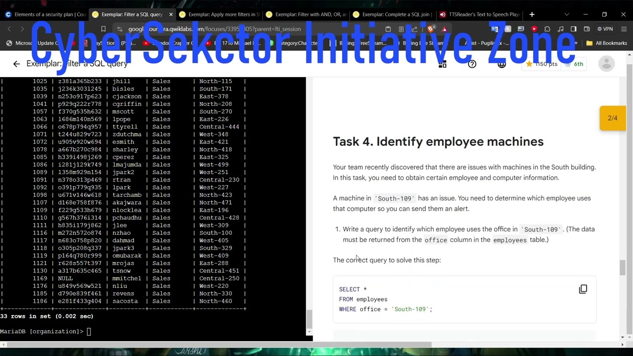 Google Cybersec Linux Lab Project; Filter a SQL Query