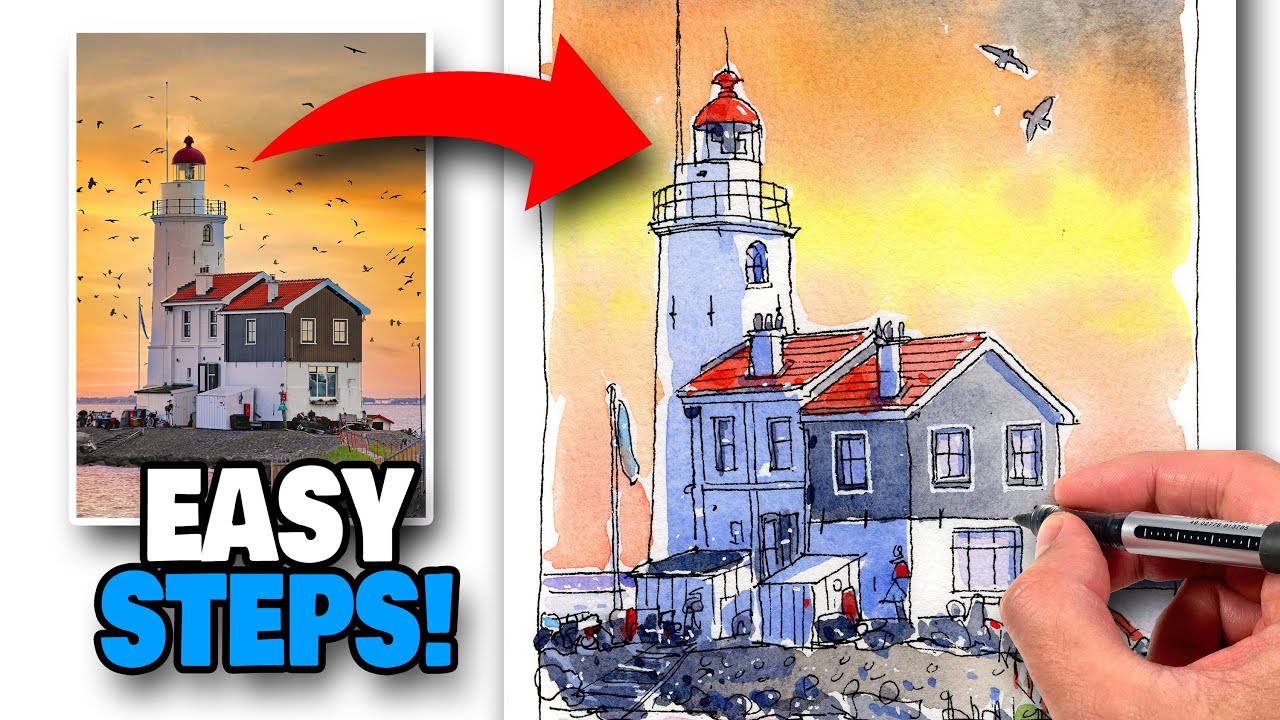 LIGHTHOUSE With Sunset Sky | Urban Sketching Tutorial For Beginners