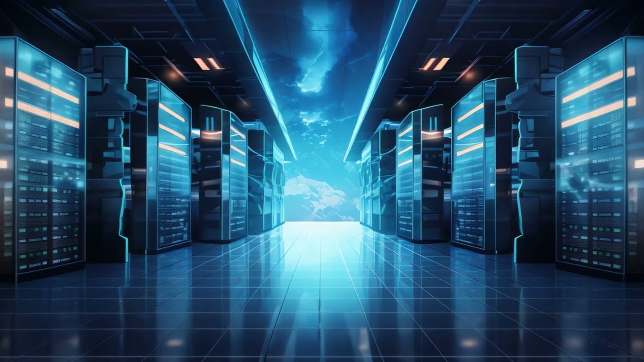 Server room data center with bright blue lights 3D rendering toned image, IT