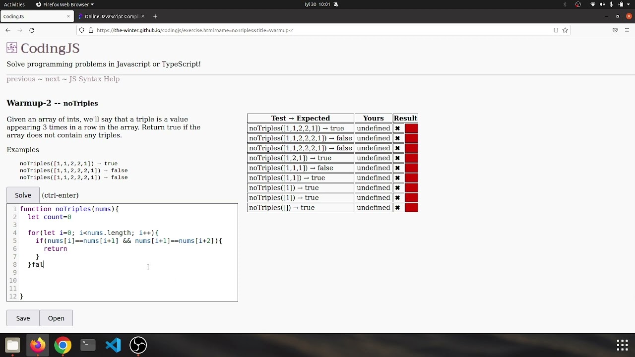Warmup 2  noTriples Javascript solution