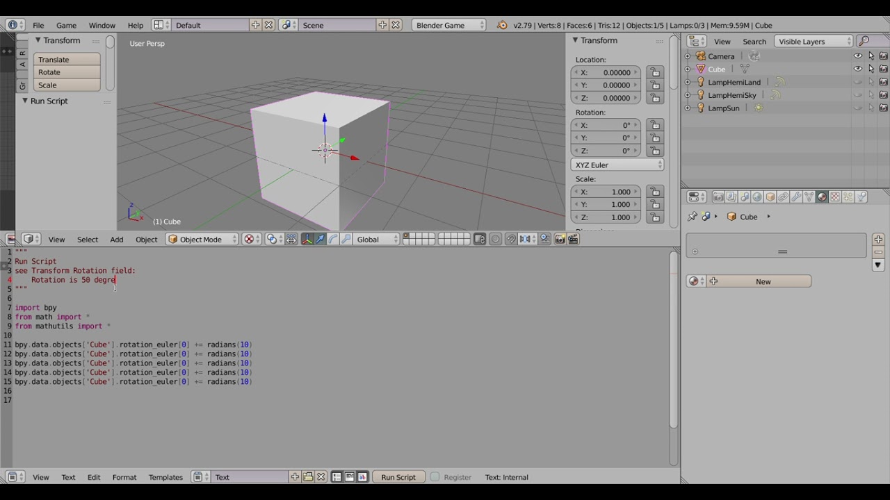 Blender Python tutorial: Debug script. Add BreakPoint