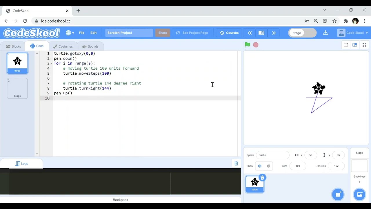 Turtle Programming using Python in Scratch on CodeSkool.cc
