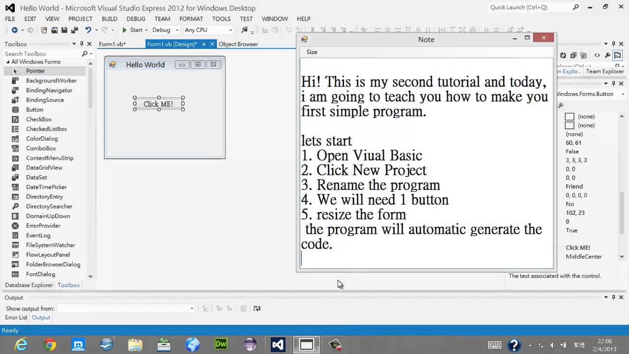 Visual Basic 2012 Tutorial 2 - Hello World (VB.Net)