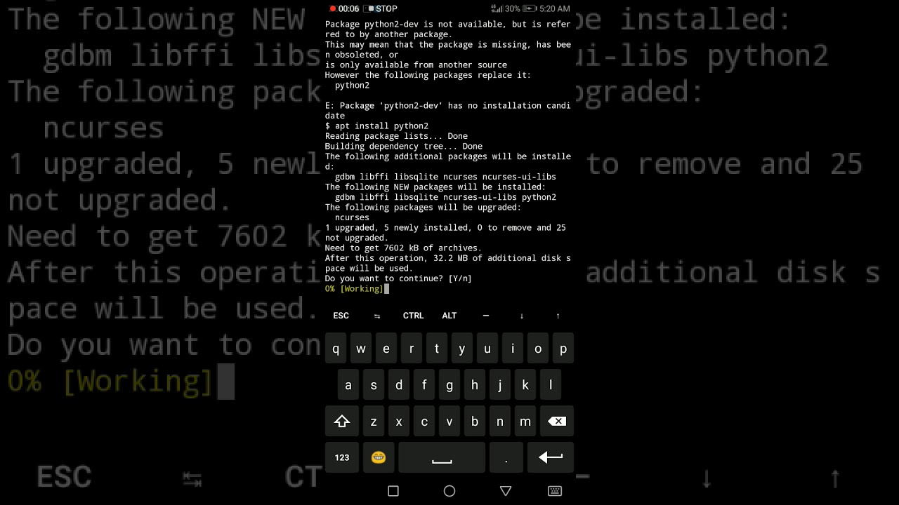 All commands..  pkg install python2-dev python2 git -y $ apt install python2 $ apt install git $ pip