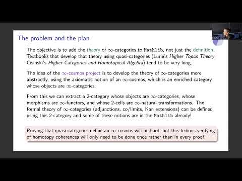 Lean Together 2025: Emily Riehl, The ∞-cosmos project: formalizing 1-, 2-, V-, and ∞-category theory