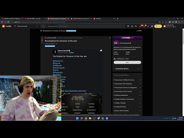 xQc realizes he's not nominated for Streamer of The Year at the Esports ...
