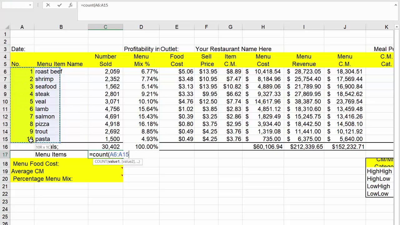DAT2236 - Menu Engineering Sheet Example Walk Through