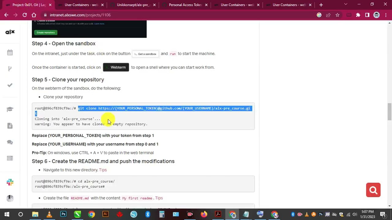 0x01  Git  Step 4 & 5   Open the sandbox & Clone your repository