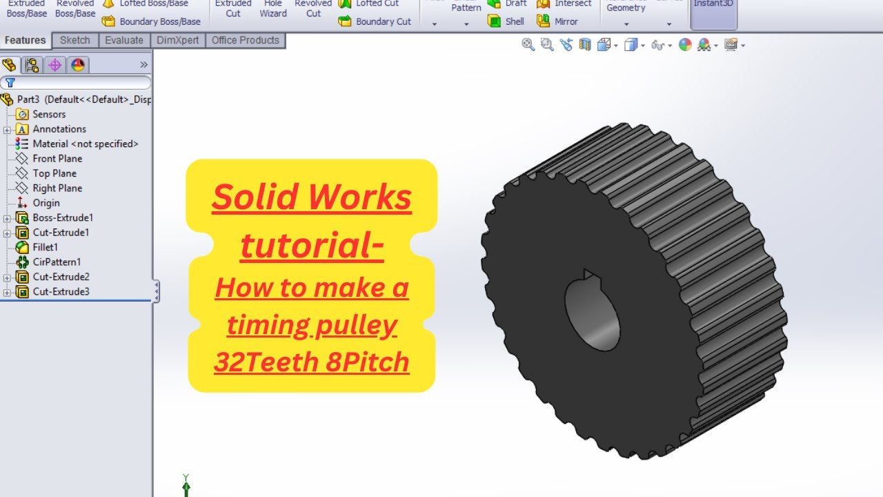Solid Works Tutorial on creating a Timing pulley of 32Teeth & 8 Pitch.