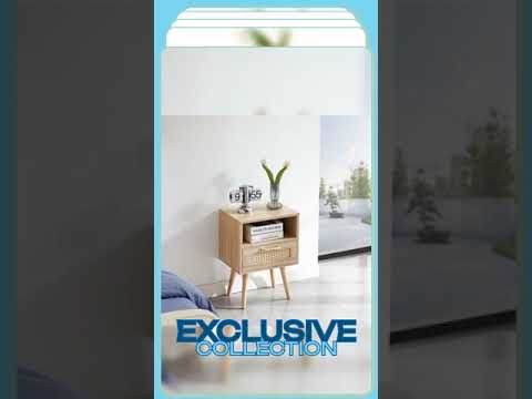 15.75" Rattan End Table with Drawer and Solid Wood Legs, Modern Nightstand for Living Room, Bedroom