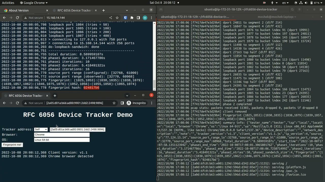 [Demo] Device Tracking via Linux's New TCP Source Port Selection Algorithm (CVE-2022-32296)