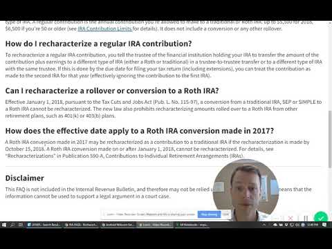 10/15/2018 DEADLINE - Recharacterization of IRA Contributions