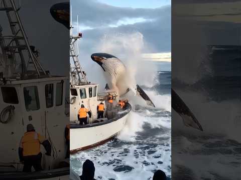Whale Leaps Out and Attacks Fishing Boat#Rough Seas#Crew Falling into Water#Marine Thrills