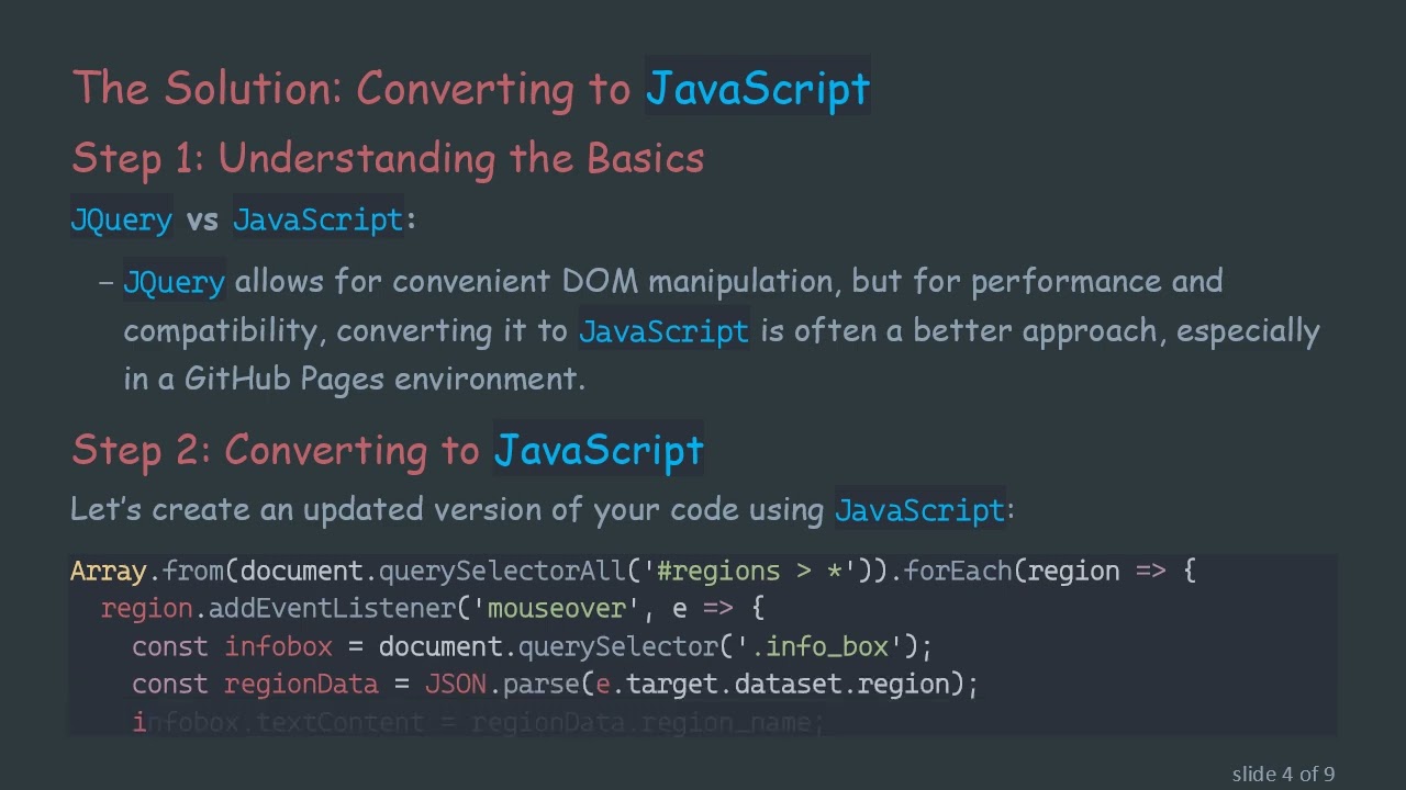 Converting JQuery Code to JavaScript for GitHub Pages