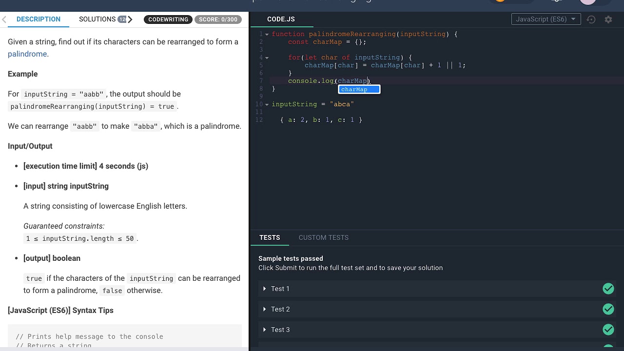 palindromeRearranging ~ CodeFights Javascript Solution