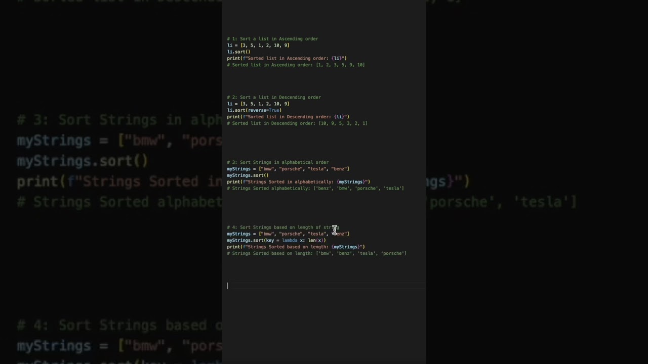 Sort Lists, Strings and Dictionaries #python #coding #shorts
