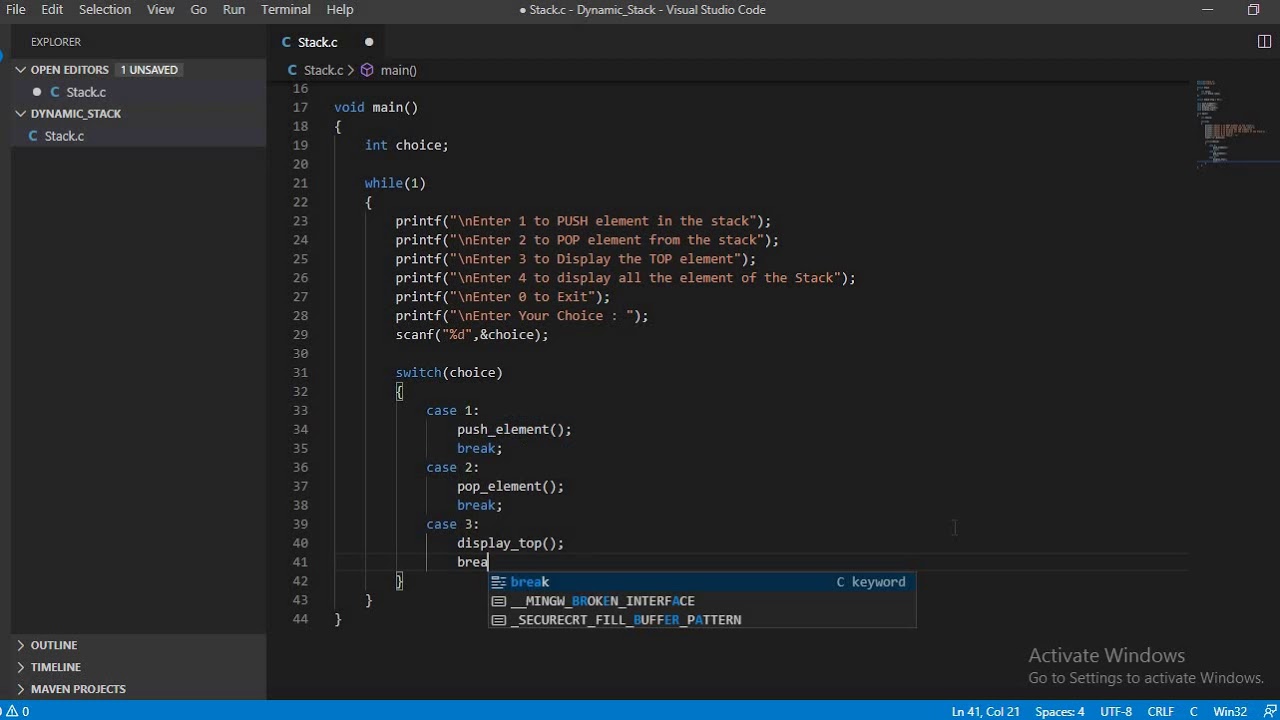 Dynamic Stack Implementation in C Language