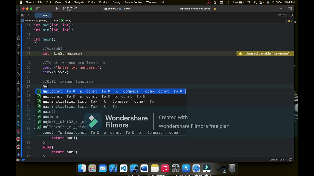 using function, find maximum and minimum number using c++ language