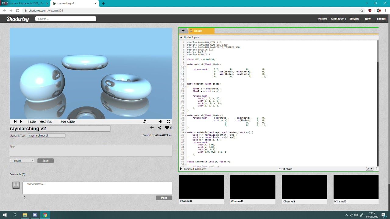 real time raymarching w/ 2 bounce reflections