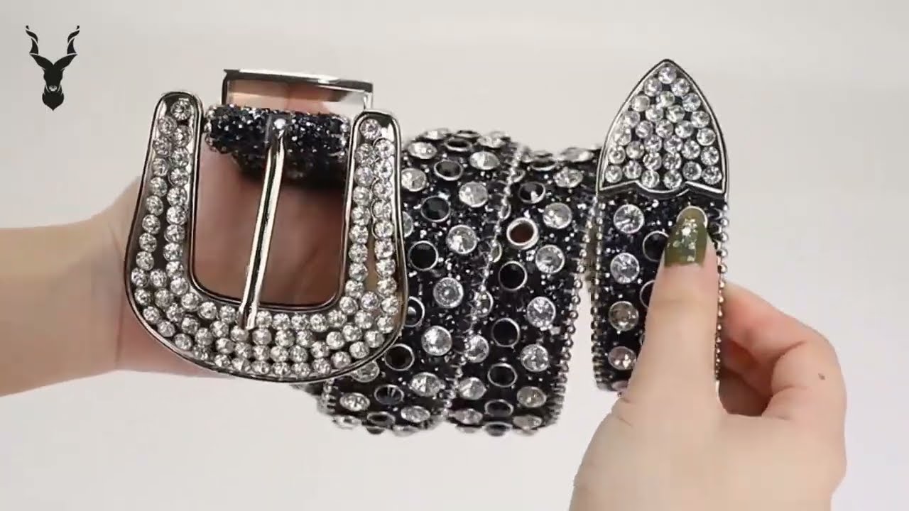 Rhinestones Leather Belt All Black with White Stones - Markhor Wear