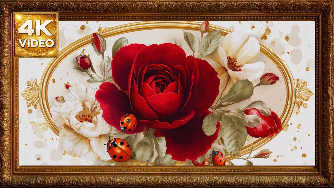 Arte Floral Vintage 4K | Rosa Roja y Flores Blancas en Marco Dorado | Pantalla TV (2 Horas)