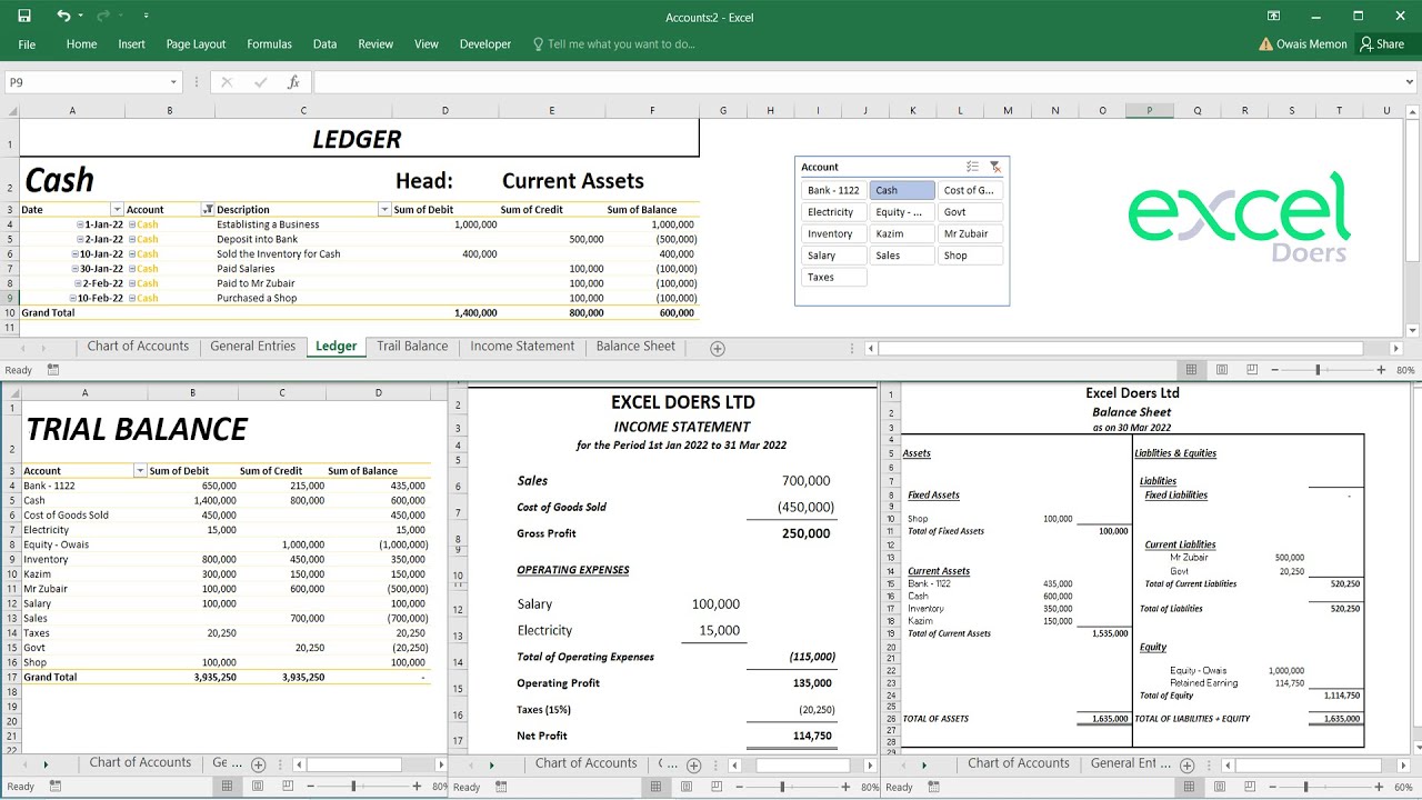 How to automate Accounting Ledger, Trial Balance, Income Statement, Balance Sheet in Excel | English
