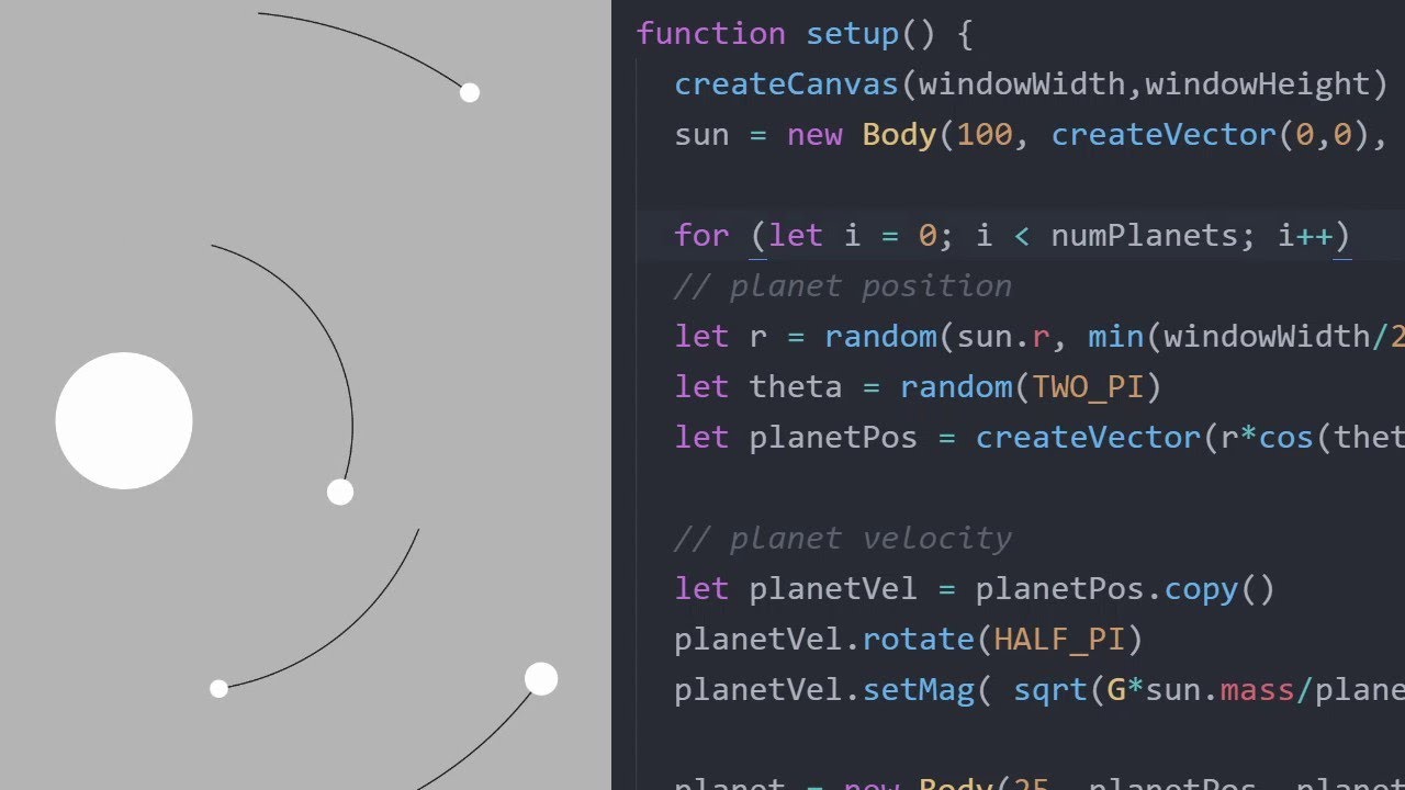 Solar system simulation in p5.js - real physics! javascript code along