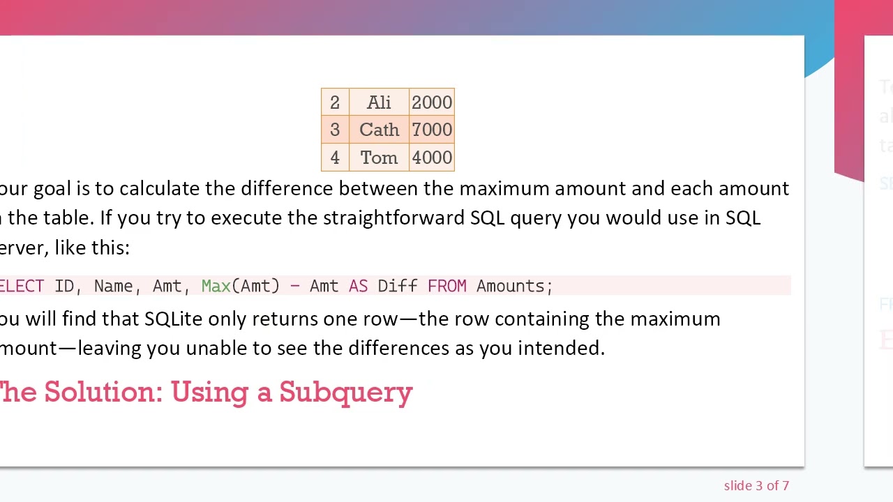 How to Calculate the Difference Between Maximum Value and Other Values in SQLite