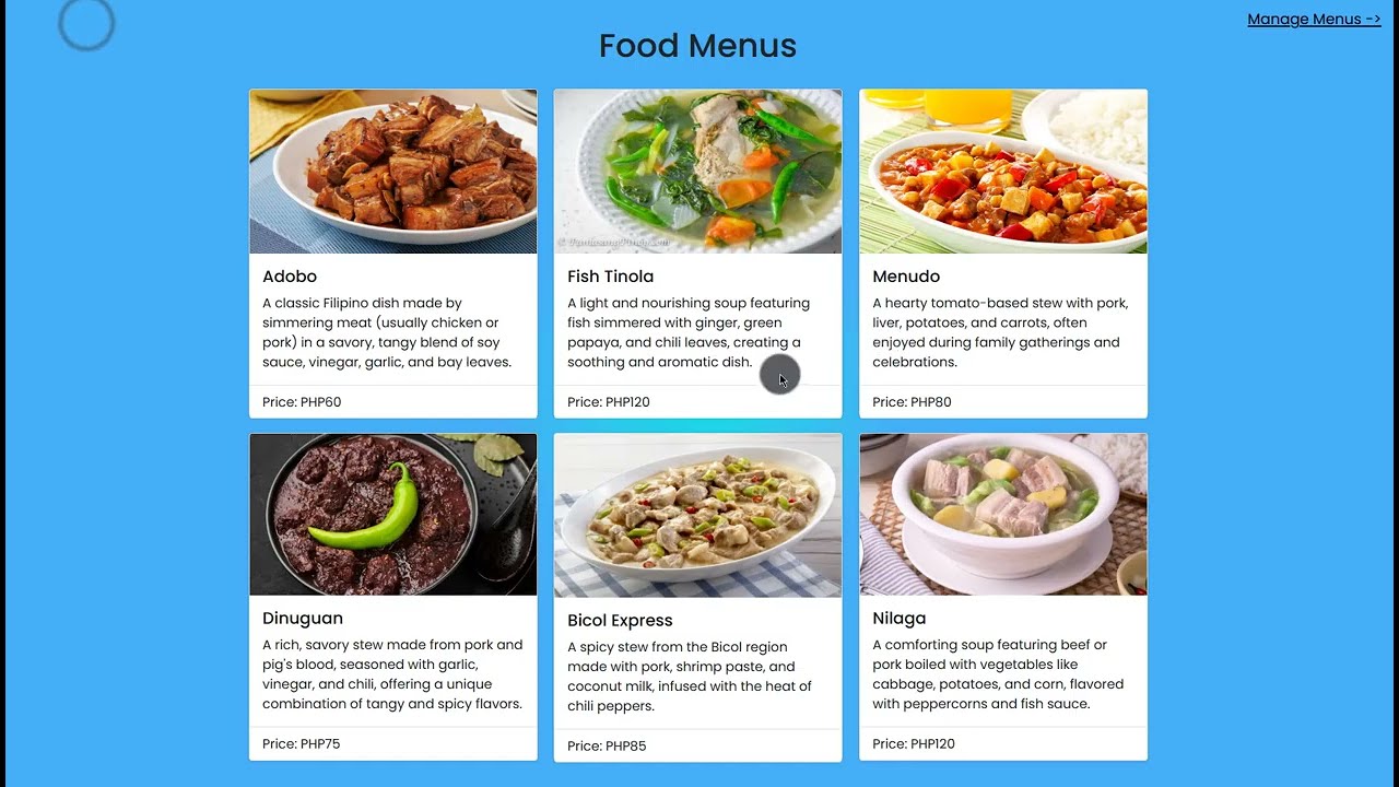 Food Menu Manager Using PHP and MySQL with Source Code