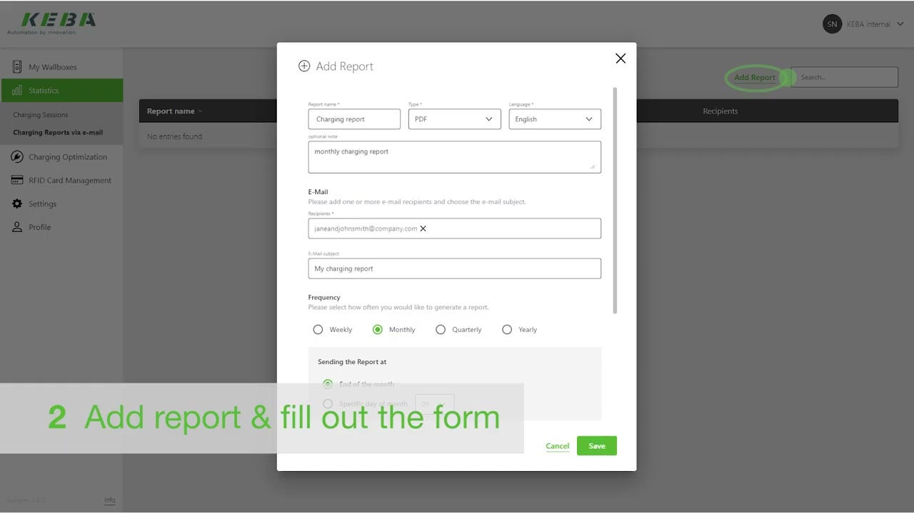 How to set up automized charging reports in KEBA eMobility Portal