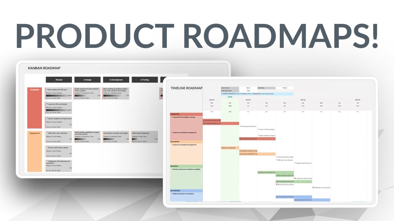 Product Roadmap Template on Excel & Google Sheets Kanban + Timeline Planner for Project Managers