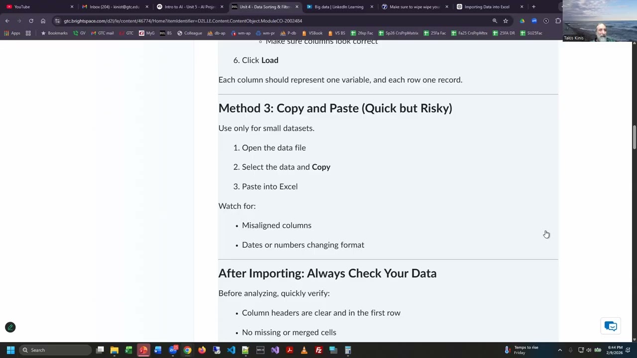 Data Analytics 1 - Unit 4 Lecture/Demo - Big Data, Import Data, Excel Sort & Filter - Spring 2026