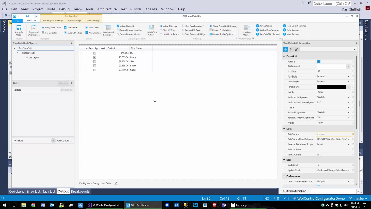 WPF XamDataGrid Configurator - Working with Fields