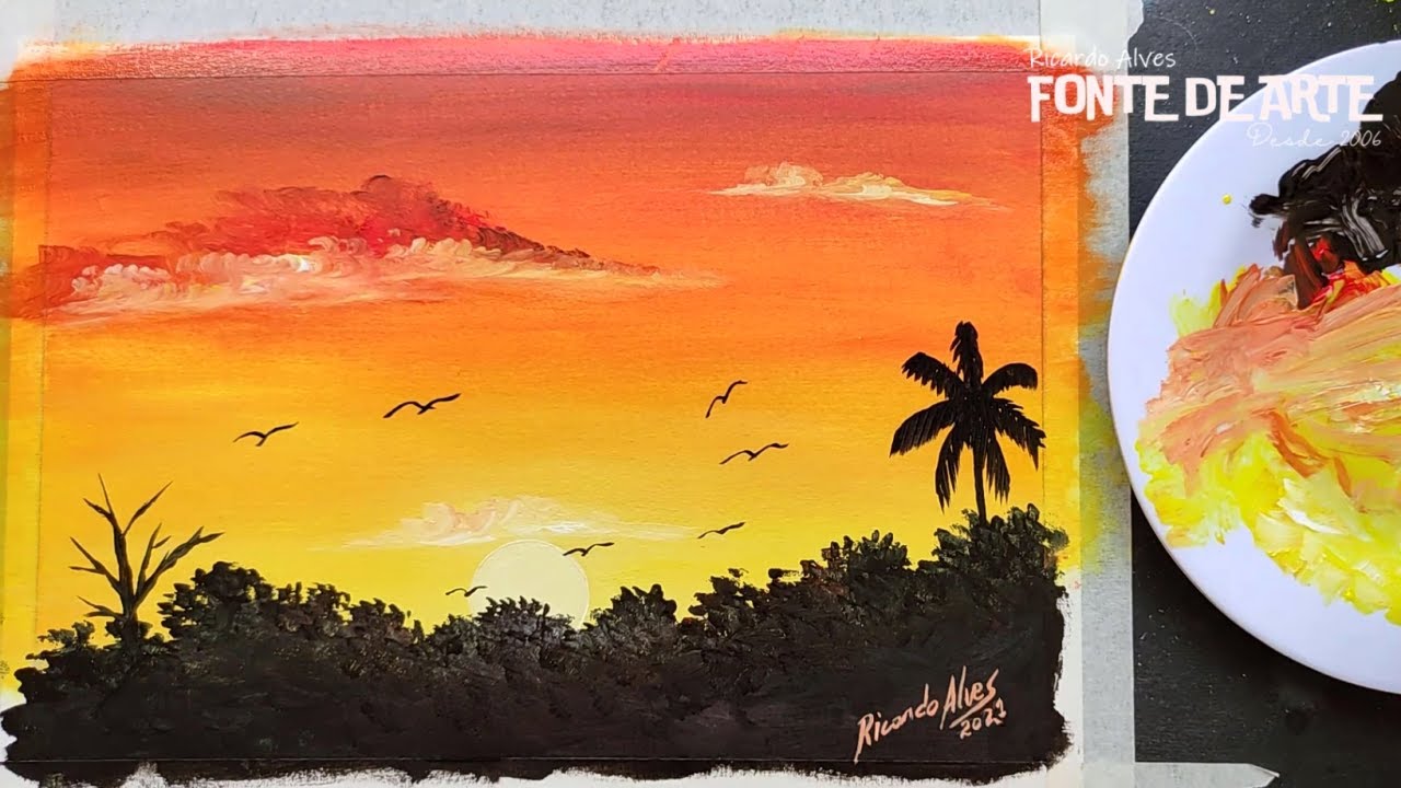 Pintura acrílica de paisagem pôr do sol fácil com 5 cores - Pintura para iniciantes - Ricardo Alves